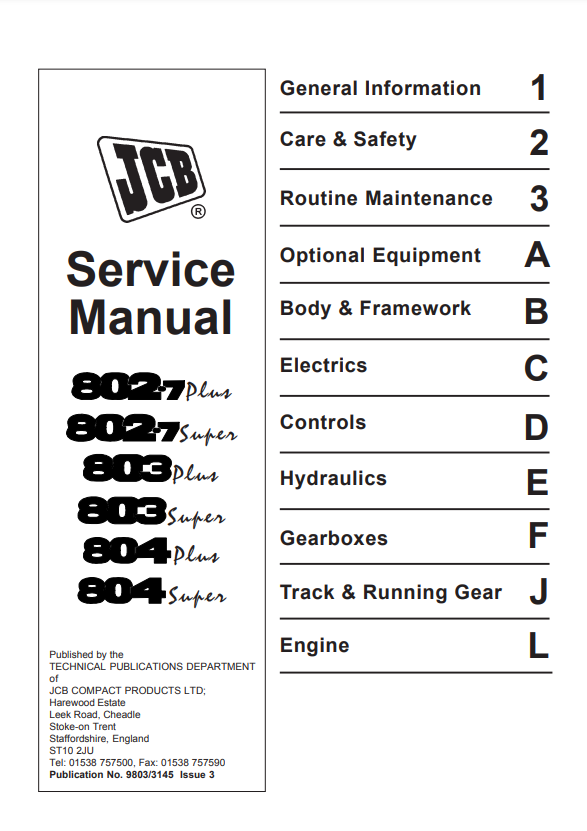 Manual De Servicios Miniexcavadora Jcb 802 7 Plus Y Super 803 Plus Y