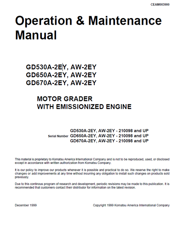 Manual de Operación y Mantenimiento Motoniveladora Komatsu GD530A-2EY ...