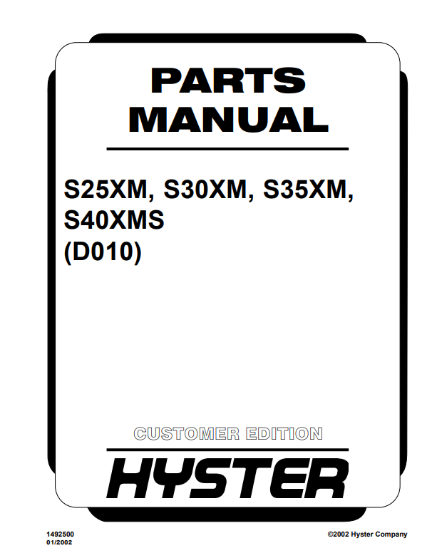 Manual de Partes Montacarga Hyster S25XM, S30XM, S35XM, S40XMS (D010 ...